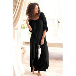 Lascana Damen Pyjama, Gr. 56, schwarz, Single Jersey, Obermaterial: 100% Viskose, unifarben, Homewear-Sets, Hose in edler Layeroptik