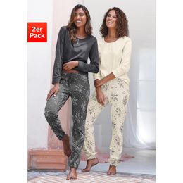 Damen Pyjama, VIVANCE DREAMS BY LASCANA, Gr. 44, schwarz, Single Jersey, Obermaterial: 100% Baumwolle, gebl&uuml;mt, gemustert, Basic, Homewear-Sets, mit