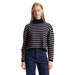 Strickpullover Tom Tailor Denim, Damen, Gr. XS, navy cloud grau stripe, Strick, Obermaterial: 60% Baumwolle, 40% Polyacryl, gestreift, normal taillenlang, Rundhals, Flachstrickb&uuml;ndchen, Pullover Strickpullover, im Streifen-Design und mit Stehkragen