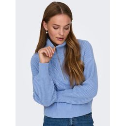 Only Damen Stehkragenpullover "ONLDORITTA LS CABLE ZIP HIG NECK KNT", blau, Gr. L, unifarben, Strick, Obermaterial: 60% Baumwolle, 40% Polyacryl,