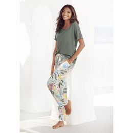 Damen Pyjama, VIVANCE DREAMS BY LASCANA, Gr. 36, gr&uuml;n, Single Jersey, Obermaterial: 50% Baumwolle, 50% Viskose, gemustert, Homewear-Sets, mit