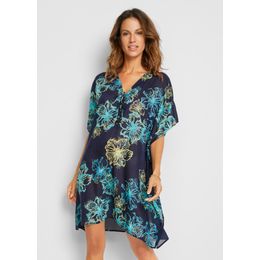 bonprix Damen Tunikakleiddunkelblau, t&uuml;rkis floral, Gr. 36, Web, Obermaterial: 100% Polyester, Kleider, mit transparentem Stoff, mit tiefem