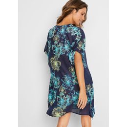bonprix Damen Tunikakleiddunkelblau, t&uuml;rkis floral, Gr. 48, Web, Obermaterial: 100% Polyester, Kleider, mit transparentem Stoff, mit tiefem