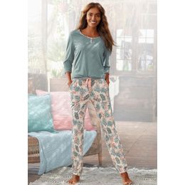 Lascana Damen Pyjama, Gr. 36, gr&uuml;n, Single Jersey, Obermaterial: 100% Baumwolle, bedruckt, Homewear-Sets, mit gemusterter Hose