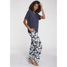 Lascana Damen Pyjama, Gr. 32, blau, Single Jersey, Obermaterial: 50% Baumwolle, 45% Viskose, 5% Elasthan, gebl&uuml;mt, Homewear-Sets, mit sch&ouml;nem