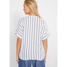 bonprix Damen Hemdbluse, blau, Gr. 48, gestreift, Web, Obermaterial: 100% Viskose, Blusen, mit schmalem Stehkragen und V-Ausschnitt