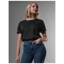TRIGEMA Damen T-Shirt "TRIGEMA T-Shirt mit Knopfleiste DELUXE Baumwolle", schwarz, Gr. S, Single Jersey, 100% Baumwolle, Shirts