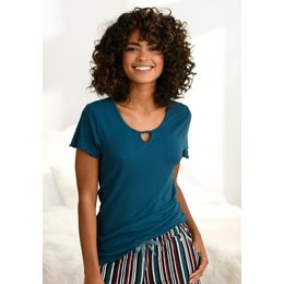 s.Oliver Damen Pyjamaoberteil, Gr. 36, blau, Feinripp, Obermaterial: 63% Polyester, 33% Viskose, 4% Elasthan, unifarben, Basic, Shirts, aus geripptem