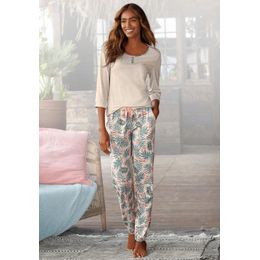 Lascana Damen Pyjama, Gr. 40, beige, Single Jersey, Obermaterial: 100% Baumwolle, bedruckt, Homewear-Sets, mit gemusterter Hose