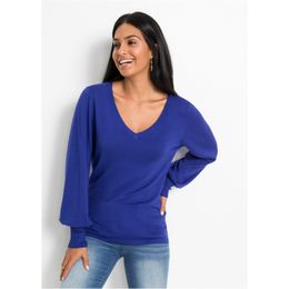 bonprix Damen Strickpullover, blau, Gr. 48, unifarben, Feinstrick, Obermaterial: 70% Viskose, 30% Polyamid, Pullover, Viskosemischung, Ballon&auml;rmel,