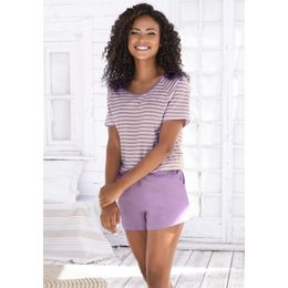 Damen Shorty, VIVANCE DREAMS BY LASCANA, Gr. 48, lila, Single Jersey, Obermaterial: 100% Baumwolle, bestickt, gestreift, Homewear-Sets, mit sch&ouml;nem