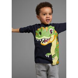Kidsworld Jungen Langarmshirt "CURIOUS DINO", blau, Gr. 116, bedruckt, Jersey, Obermaterial: 100% Baumwolle, Shirts, Langarm, Basic-Passform,