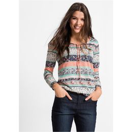 Tunikashirt bonprix, Damen, Gr. 40/42 (M), lachs gemustert, Jersey, Obermaterial: 50% Baumwolle, 50% Viskose, bedruckt, A-Linie h&uuml;ftlang, V-Ausschnitt, Shirts, Langarm, mit Bindeband am Ausschnitt