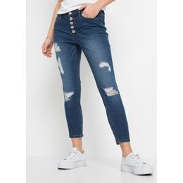 bonprix Skinny-Jeans Mid Waist Destroyed, blau, Gr.50, Trendy Skinny-Jeans mit sichtbarer Knopfleiste, 76% Baumwolle