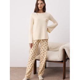 Trendyol Pyjama Damen Gr&ouml;&szlig;e XL ecru / braun / hellbraun Winterkleid