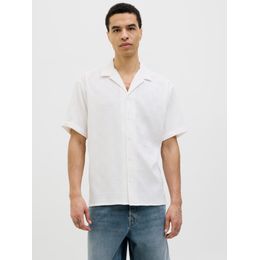 Jack & Jones Kurzarmhemd JACK & JONES "JJEMATTEO RESORT SHIRT SS SN", Herren, Gr. S, N-Gr, wei&szlig;, Web, Obermaterial: 97% Polyester, 3% Elasthan, Strukturmuster, relaxed fit taillenbedeckt, ohne Ausschnitt, gerader Abschluss, Hemden Kurzarmhemd, mit Resort Kragen