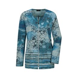 GOLDNER Shirtjacke Jerseyjacke mit floralem Streifenmuster Damen Gr&ouml;&szlig;e M/L cyanblau / hellgrau / schwarz
