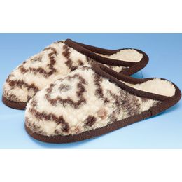 Pantoffel, Damen, Gr. 38/39, braun (braun, gemustert), Schuhe Pantoffeln Pl&uuml;sch Hausschuh