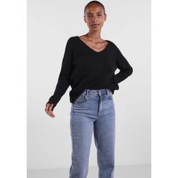 V-Ausschnitt-Pullover Pieces "PCELLEN LS V-NECK KNIT NOOS BC", Damen, Gr. XS, schwarz, Strick, Obermaterial: 62% Polyester, 22% Polyacryl, 9% Nylon, 4% Elasthan, 3% Wolle, unifarben, figurumspielend h&uuml;ftlang, V-Ausschnitt, Pullover, mit Wolle