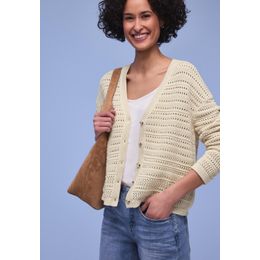 Cardigan Street One, Damen, Gr. 42, soft beige, Strick, Obermaterial: 100% Baumwolle, unifarben, l&auml;ssig geschnitten h&uuml;ftbedeckend, V-Ausschnitt, Flachstrickb&uuml;ndchen, Strickjacken Cardigan, Struktur-Cardigan mit feinem Lochmuster