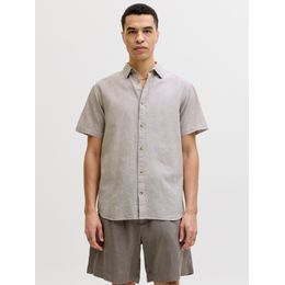 Jack & Jones Kurzarmhemd JACK & JONES "JJESUMMER LINEN BLEND SHIRT S/S SN", Herren, Gr. L, N-Gr, string, Web, Obermaterial: 70% Baumwolle, 30% Leinen, unifarben, normal normal, Hemden, Baumwolle mit Leinen, regular fit