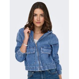 Jeansjacke Only "ONLKENZIE &ndash; Jeansblouson mit Kapuze und Rei&szlig;verschluss", Damen, Gr. S, blau (medium blau denim), Denim/Jeans, Obermaterial: 100% Baumwolle, unifarben, elastischer Bund, Jacken Jeansjacke, unifarben, modisch, regular fit, Denim, Kapuze