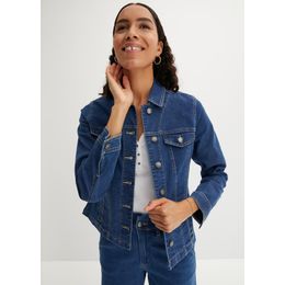 Jeansjacke bonprix, Damen, Gr. 34, blau denim, Denim/Jeans, Obermaterial: 82% Baumwolle, 17% Polyester, 1% Elasthan, unifarben, bequem, 1-Knopf-Manschette, Jacken Jeansjacke, bequeme Passform, mit Brust- und Eingriffstaschen, Topseller