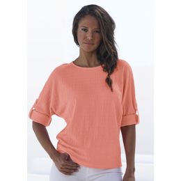 2-in-1-Shirt Vivance "zum Krempeln", Damen, Gr. 40/42, orange (peach), Cr&ecirc;pe, Obermaterial: 98% Polyester, 2% Elasthan, unifarben, l&auml;ssig geschnitten normal, Rundhals, mit Riegel, Shirts 2-in-1-Shirt, aus b&uuml;gelfreier Cr&ecirc;pe-Qualit&auml;t