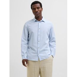 Jack & Jones Langarmhemd JACK & JONES "JJESUMMER SHIRT LS SN", Herren, Gr. S, N-Gr, blau (chambray blau), Web, Obermaterial: 83% Baumwolle, 17% Leinen, unifarben, comfort fit taillenbedeckt, ohne Ausschnitt, Manschette, Hemden Langarmhemd, mit Hemdkragen