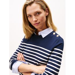 Tommy Hilfiger Damen Strickpullover "CO JERSEY MID GG LS GOLD BTN SWT", wei&szlig;, Gr. L, gestreift, Strick, Obermaterial: 75% Baumwolle, 25% Polyamid,