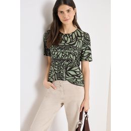 T-Shirt Cecil, Damen, Gr. L (42), raw khaki, Web, 100% Baumwolle, gemustert, comfort fit normal, Rundhals, abgesteppt, Shirts T-Shirt, aus reiner Baumwolle