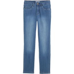 Straight-Jeans bonprix, Damen, Gr. 38, K-Gr, blau denim (l&auml;nge: kurz), Denim/Jeans, Obermaterial: 82% Baumwolle, 17% Polyester, 1% Elasthan, regular fit, Jeans Straight-Jeans, Regular Fit, Komfort-Stretch-Material, leichte Stoffqualit&auml;t