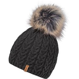 Bommelm&uuml;tze Chillouts "Tabea Hat", Damen, schwarz, Feinstrick, Materialmix, Fellimitat, Zopfmuster, meliert, unifarben, M&uuml;tzen, mit abnehmbarem Kunstfell-Bommel