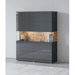 Highboard OTTO HOME "Toledo,Breite 121,5 cm, trendige Hochkommode mit 2 T&uuml;ren", schwarz (antrazit matt, antrazit hgl, alteiche), B:121,5cm H:152,5cm, ABS-Kunststoff, FSC-zertifizierter Holzwerkstoff, Glas, MDF, Metall, Sideboards, Highboard, Hochschrank mit Glas-Partien,stylische Hochglanzfronten, Topseller