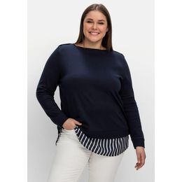 2-in-1-Langarmshirt sheego "2-in-1-Shirt", Damen, Gr. 40/42, blau (nachtblau), 100% Baumwolle, gemustert, gestreift, unifarben, U-Boot-Ausschnitt, Shirts