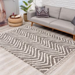 Hochflor-Teppich Carpet City "Pulpy 531" Gr. 32, grau, B:80cm H:30mm L:200cm, Kunstfaser, Teppiche, Fransenteppich, besonders weich, mit Fransen, Zickzack Look