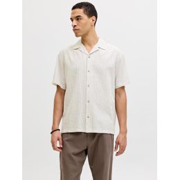 Jack & Jones Kurzarmhemd JACK & JONES "JJESUMMER LINEN BLEND RESORT SHIRT SS SN", Herren, Gr. S, N-Gr, crockery stripes:stripes, Web, Obermaterial: 70% Baumwolle, 30% Leinen, gestreift, relaxed fit normal, V-Ausschnitt, Hemden Kurzarmhemd, Baumwollmischung, relaxed fit