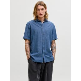 Jack & Jones Kurzarmhemd JACK & JONES "JJESUMMER LINEN BLEND SHIRT S/S SN", Herren, Gr. S, N-Gr, navy blazer, Web, Obermaterial: 70% Baumwolle, 30% Leinen, unifarben, normal normal, Hemden Kurzarmhemd, Baumwolle mit Leinen, regular fit