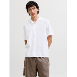 Jack & Jones Kurzarmhemd JACK & JONES "JJESUMMER LINEN BLEND RESORT SHIRT SS SN", Herren, Gr. XS, N-Gr, wei&szlig;, Web, Obermaterial: 70% Baumwolle, 30% Leinen, unifarben, relaxed fit normal, V-Ausschnitt, Hemden Kurzarmhemd, Baumwollmischung, relaxed fit