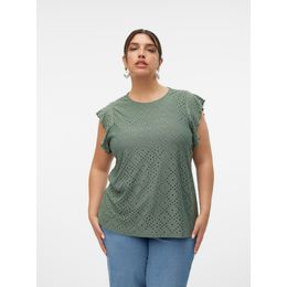 Spitzenshirt Vero Moda CURVE "VMCTASSA SL FRILL TOP NOOS CUR", Damen, Gr. L, laurel wreath, Jersey, Obermaterial: 95% Polyester, 5% Elasthan, unifarben, loose fit normal, Rundhals, Shirts Spitzenshirt, Materialmix, loose fit