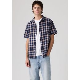 Levi's Kurzarmhemd LEVI'S "SUNSET 1 PKT STANDRD", Damen, Gr. L, N-Gr, sintra plaid v2 marineblaus, Web, Obermaterial: 43% Leinen, 34% Viskose, 23% Baumwolle, kariert, normal h&uuml;ftbedeckend, Hemden Kurzarmhemd, Leinenstruktur