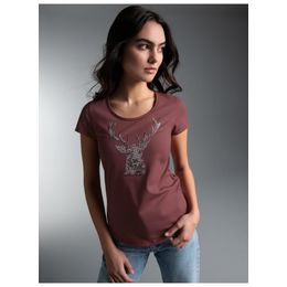 T-Shirt TRIGEMA "TRIGEMA T-Shirt Glitzer-Hirsch", Damen, Gr. L, mahagoni, Single Jersey, 100% Baumwolle, lang, Rundhals, Shirts T-Shirt