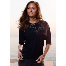 Rundhalsshirt Lascana "mit Sternendesign aus funkelnden Pailletten", Damen, Gr. 44/46, schwarz, Strick, Obermaterial: 80% Viskose (LENZING&trade; ECOVERO&trade;), 20% Nylon, Glitzermuster, bequem, Rundhals, Shirts Rundhalsshirt, aus weichem Viskose-Strick