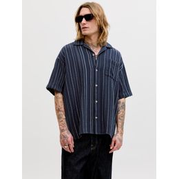 Jack & Jones Kurzarmhemd JACK & JONES "JJEBRADLEY STRIPED RESORT SHIRT SS LN", Herren, Gr. XS, N-Gr, navy blazer, Web, Obermaterial: 100% Baumwolle, gestreift, loose fit normal, V-Ausschnitt, Hemden Kurzarmhemd, Baumwolle, loose fit
