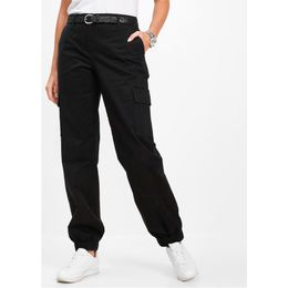 Cargohose bonprix, Damen, Gr. 48, N-Gr, schwarz, Web, Obermaterial: 97% Baumwolle, 3% Elasthan, loose fit, Hosen Cargohose, aus Baumwolle mit Elasthan, lockere Passform, mit Bequembund, Topseller