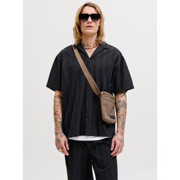 Jack & Jones Kurzarmhemd JACK & JONES "JJETYSON RESORT SHIRT SS SN", Herren, Gr. XS, N-Gr, schwarz, Web, Obermaterial: 100% Baumwolle, unifarben, normal, V-Ausschnitt, Hemden Kurzarmhemd, mit Resort-Kragen