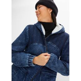 bonprix Damen bonprix Parka mit Kapuze l&auml;ssiger Jeans-Look, mit flauschigem Teddyfell-Futter, mit Kapuze blau 38