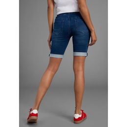 Arizona Damen Jogg-Jeansbermudas hohe Leibh&ouml;he, krempelbare Beinabschl&uuml;sse, Used-Look blau 34, N-Gr
