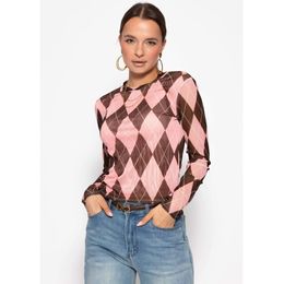 SASSYCLASSY Mesh Langarmshirt mit Rautenmuster in Rosa | Gr.: M
