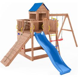 Spielturm Fungoo "Treehouse", blau, Spielt&uuml;rme, KinderB:443cm H:272cm T:501cm, FSC-zertifizierter Massivholz, Metall, Polyethylen, mit Spielhaus, Rutsche, Doppelschaukel, Kletterwand, B:443cm H:272cm T:501cm